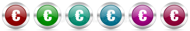 Euro Silver Metallic Vector Icon Set, Round Glossy Buttons with Chrome ...