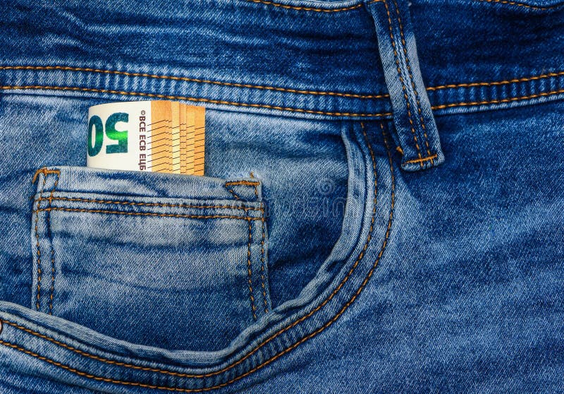 Euro in Torn Denim Blue Jeans Pocket , Close Up Stock Image - Image of ...