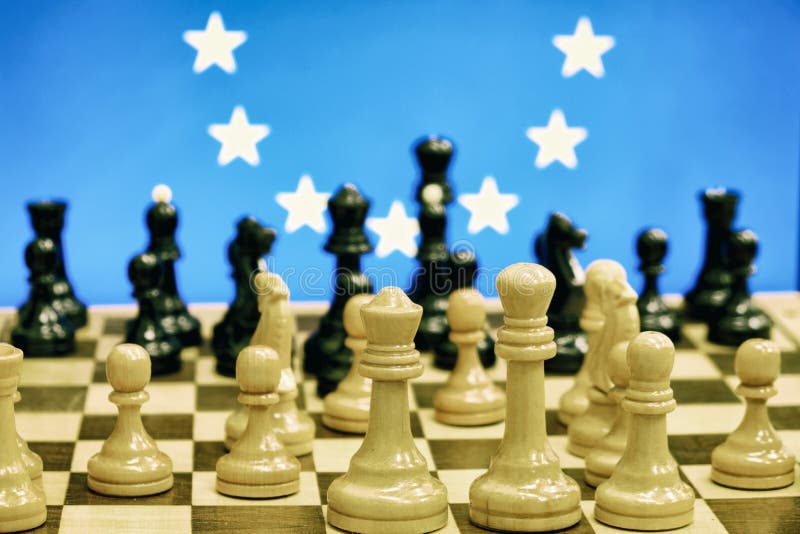 Europe Flag on the Background of Chess with Pieces on the Board Stock ...