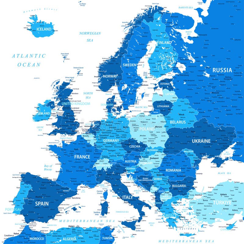 Europe - Highly Detailed Blue Colored Vector Map of the Europe. Ideally ...