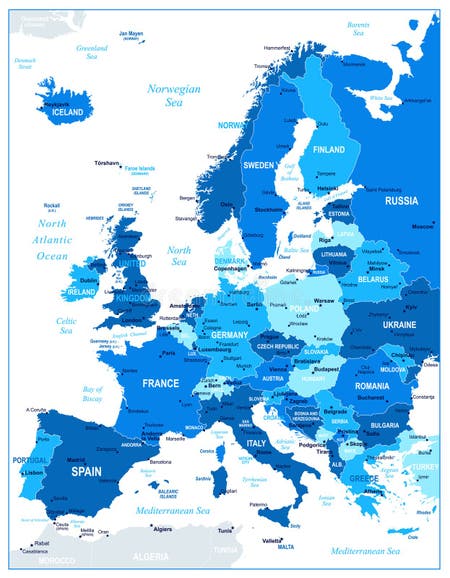 Europe Map Blue Colored - Stock Vector Illustration Editorial Photo ...