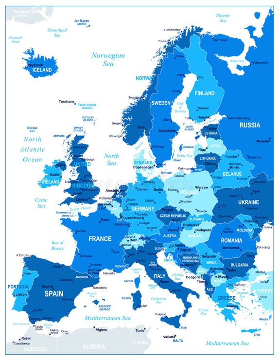 Europe Map Blue Colored - Stock Vector Illustration Editorial Photo ...