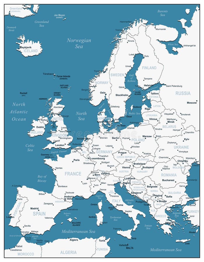Europe Map Blue White Gray Colored - Stock Vector Illustration ...