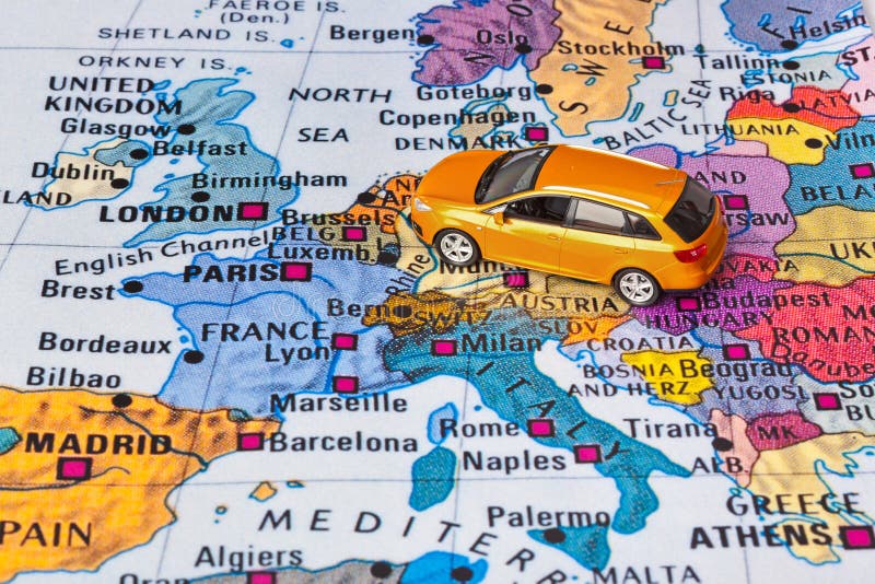 Europe map and car toy stock photo. Image of navigation - 67123232