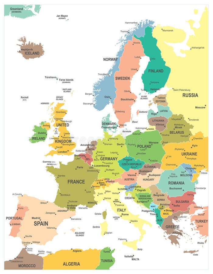 Europe Map Colored - Stock Vector Illustration Editorial Stock Photo ...