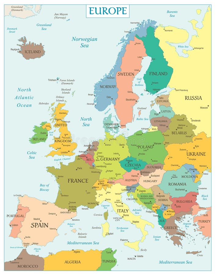Europe Map Colored - Stock Vector Illustration Editorial Image ...