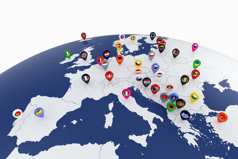 Europe Map with Countries Flags Location Pins Stock Illustration ...