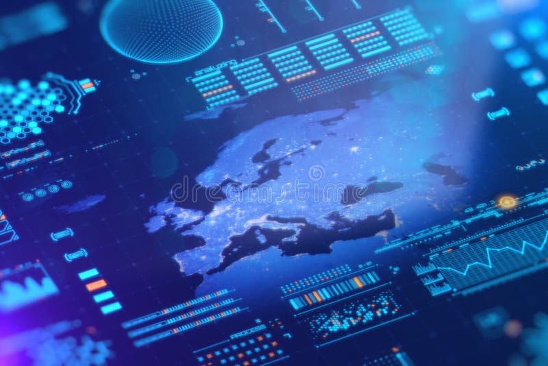 Europe Map on Digital Lcd Display with Reflection. Technology and ...