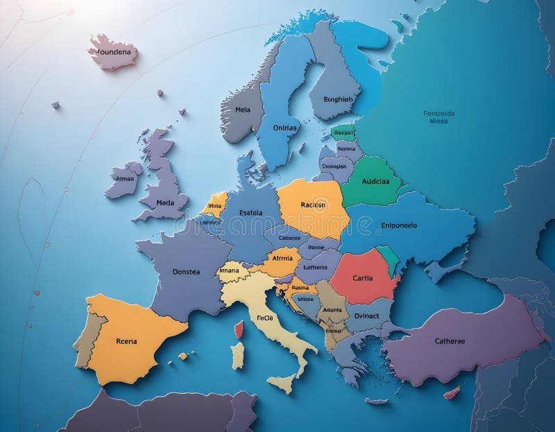Europe Map Illustration with 3d Effect and Soft Colors Stock ...