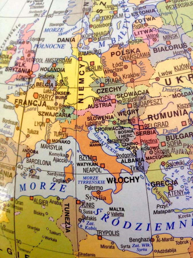 Europe Map in Polish Language. Atlas Stock Photo - Image of feature ...
