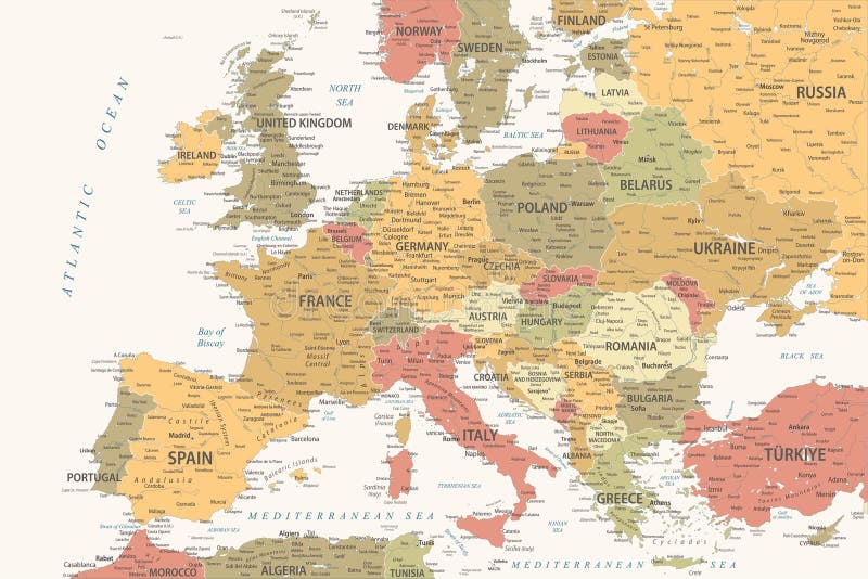 Europe Map Retro Vintage Ancient - Stock Vector Colored Illustration ...