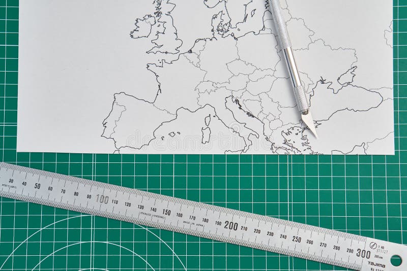 Europe Map with a Ruler and a Cutter Stock Photo - Image of country ...