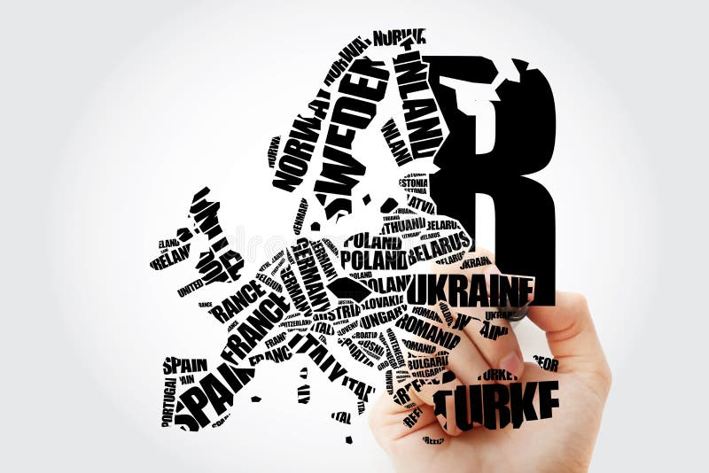 Europe Map in Typography Word Cloud Concept with Marker Stock ...