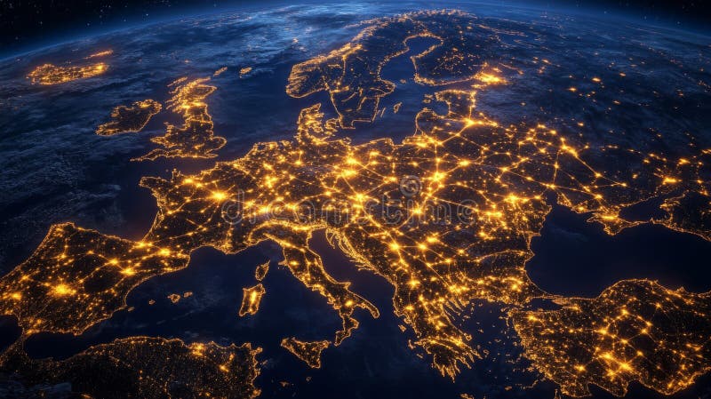 Europe at Night: Illuminated Cities from Space Stock Illustration ...