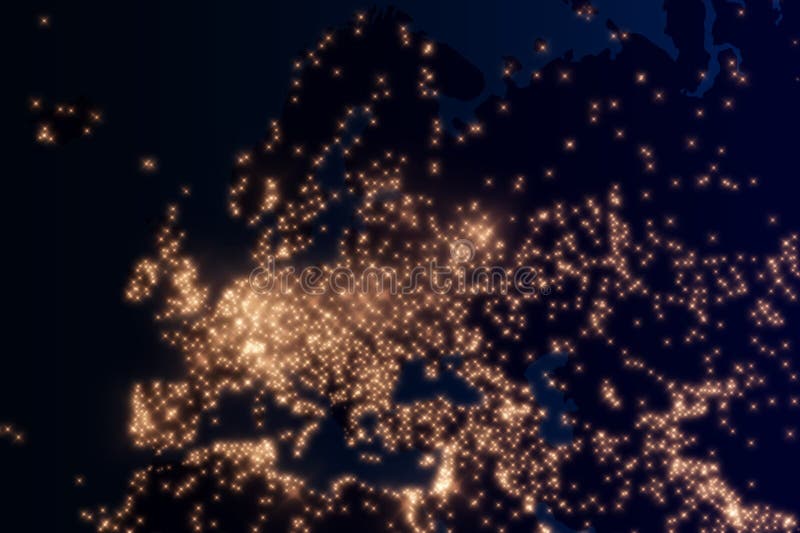 European Continent Electrical Lights Map at Night. European City Lights ...