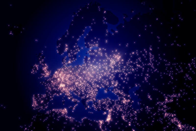 European Continent Electrical Lights Map at Night. European City Lights ...
