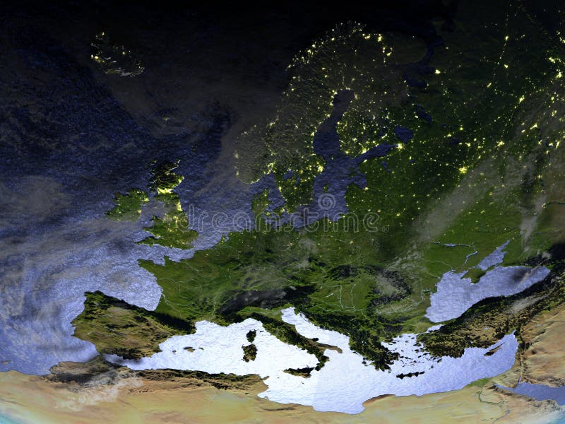 Europe at Night on Realistic Model of Earth Stock Illustration ...