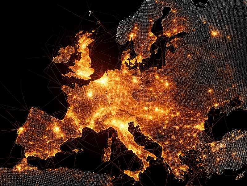 Europe at Night Viewed from Above, Illuminated by Warm Lights ...