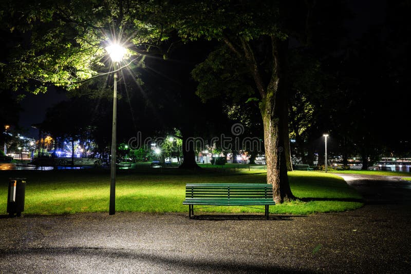 Europe park at night. stock photo. Image of park, bench - 125208924