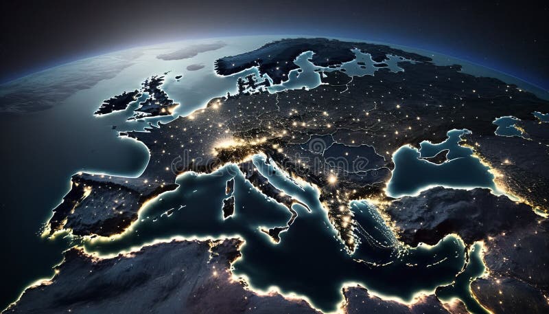 Europe from Space at Night. Generative AI Stock Illustration ...