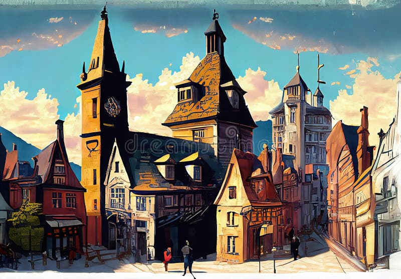 Europe Town Illustrators Style Sharp Rendered Stock Illustration ...