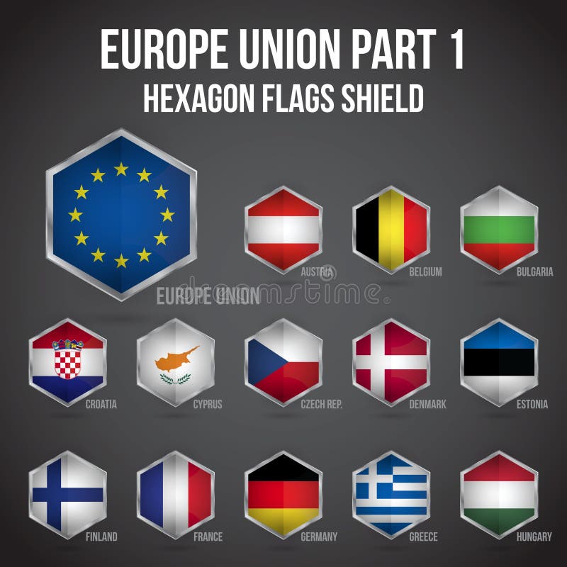 Europe Union Hexagon Flags Shield Part 1 Stock Vector - Illustration of ...