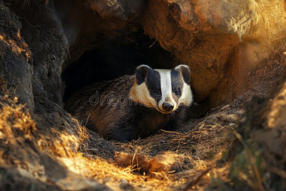 A European Badger Emerging from a Cave. Generative AI. Stock ...