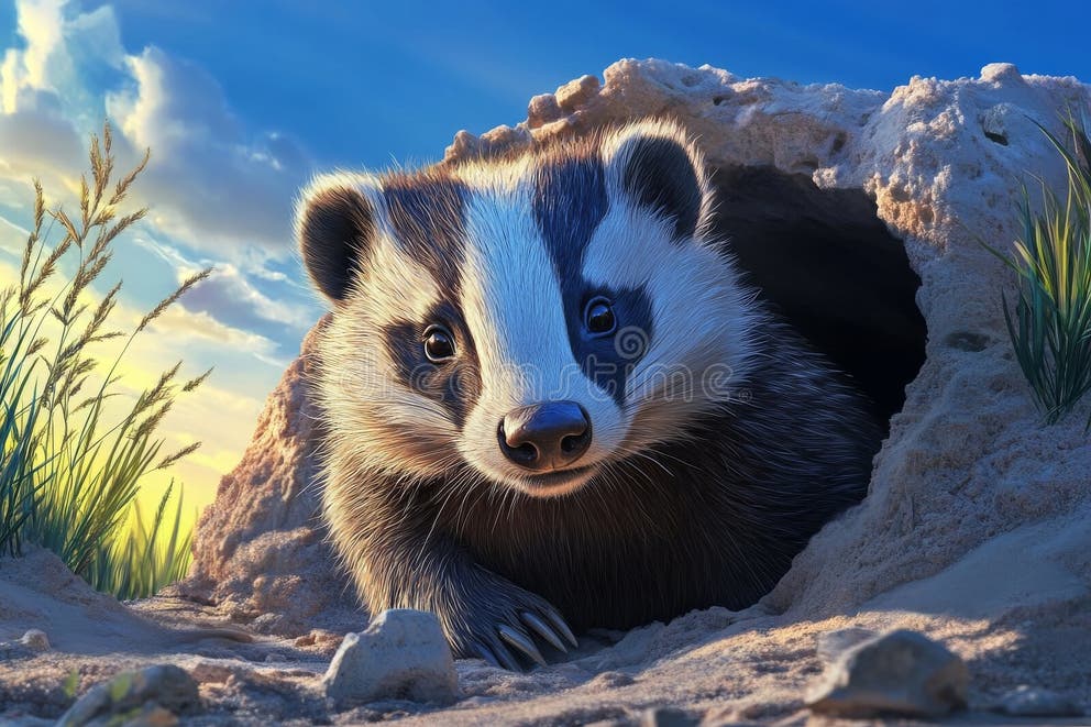 A European Badger Emerging from a Cave. Generative AI. Stock ...