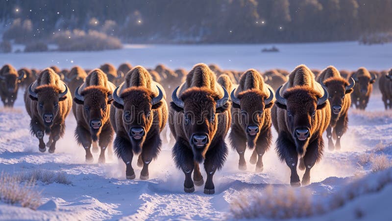 European Bison Running in the Snow at Sunset Stock Illustration ...