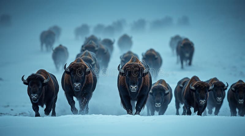 European Bison Running in the Snow during Winter Migration Stock ...