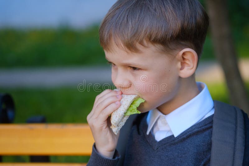 European Boy Eats School Breakfast on the Park Bench Stock Photo ...
