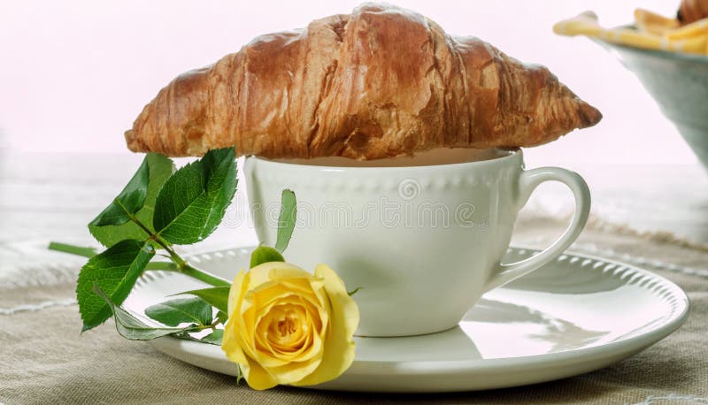 European Breakfast Coffee with Milk and Croissants Stock Image - Image ...