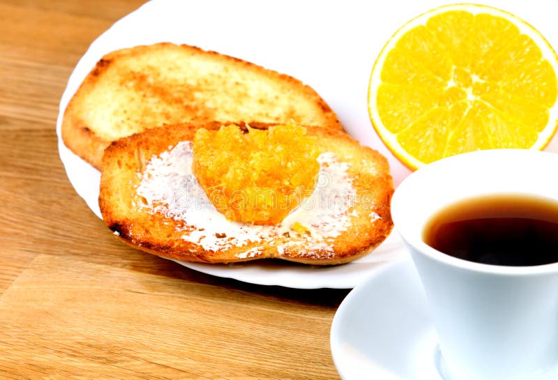 European Breakfast: Cup of Coffee, Toasts with Jam and Orange Stock ...