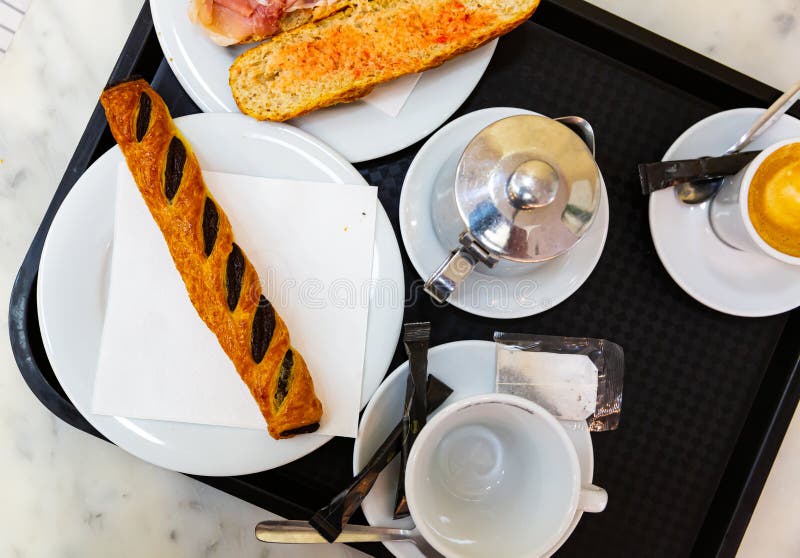 European Breakfast for Two in Cafe Stock Image - Image of pastry ...
