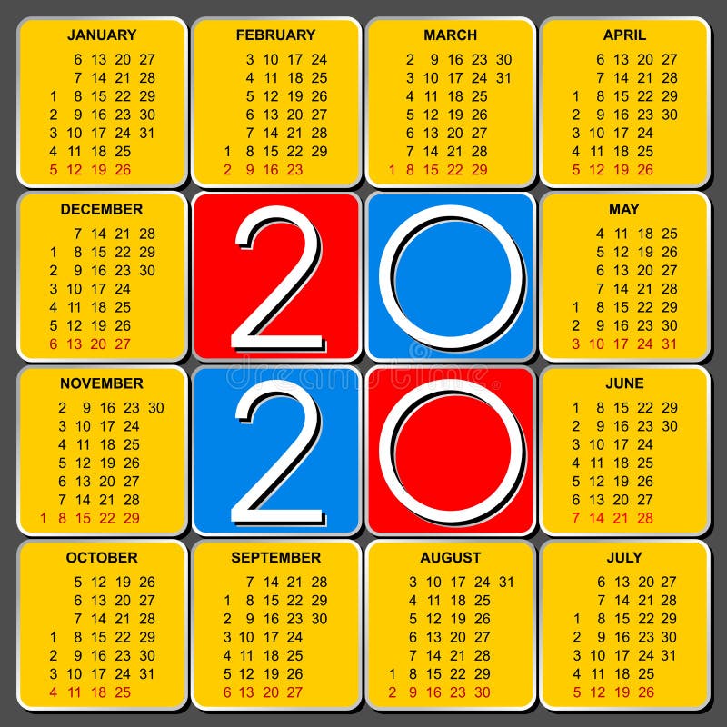 European Calendar Grid for 2020 Stock Vector - Illustration of date ...