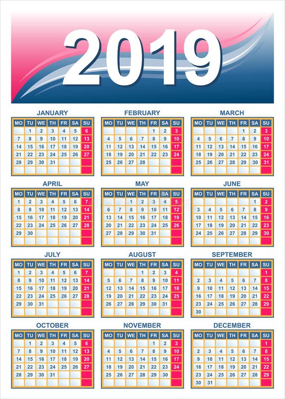 European Calendar Grid 2019 in Vector Stock Vector - Illustration of ...