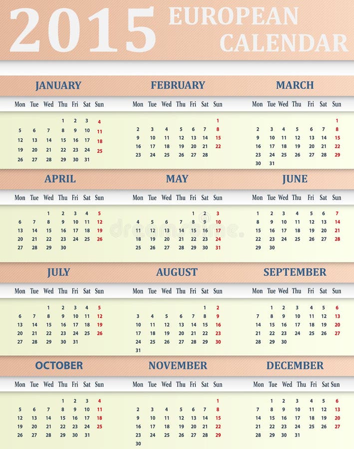 European Calendar for 2015 stock vector. Illustration of october - 46611130