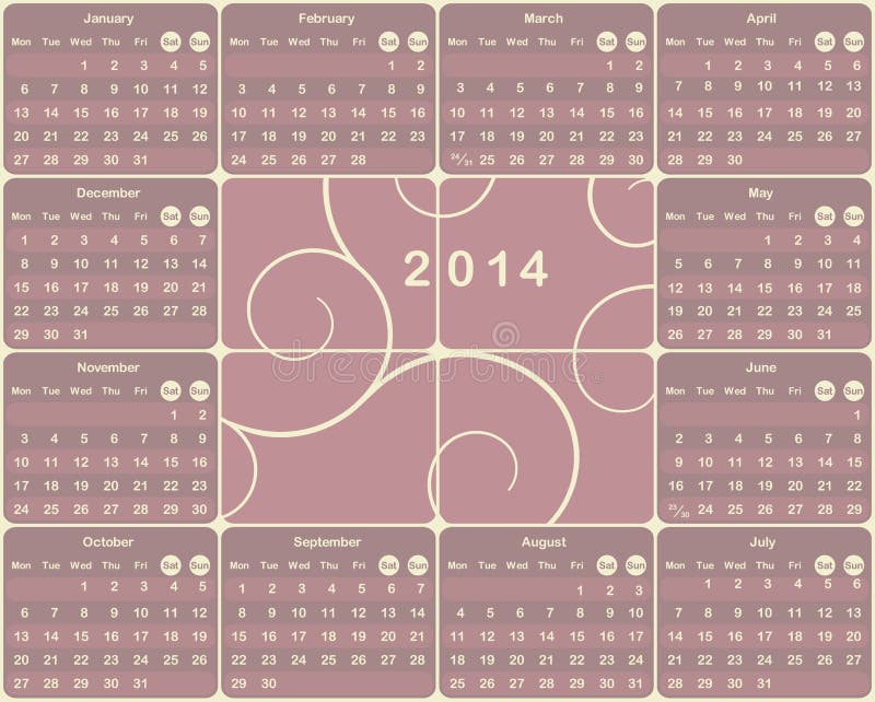 European Calendar for 2014 Year. Stock Vector - Illustration of pattern ...
