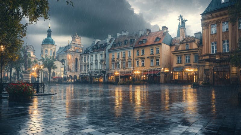 European City Square Under a Rainy Sky Stock Illustration ...