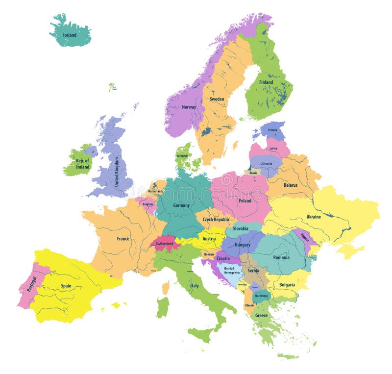 European Colorful Map with Rivers. Vector Illustration Stock Vector ...