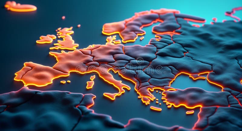European Continent Geographic Digital Visualization with Glowing Border ...