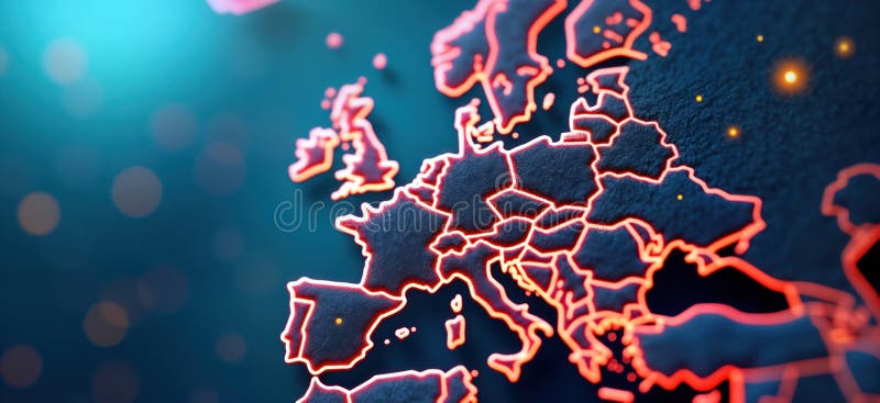 European Countries Highlighted on Digital Map. Global Internet Tech ...