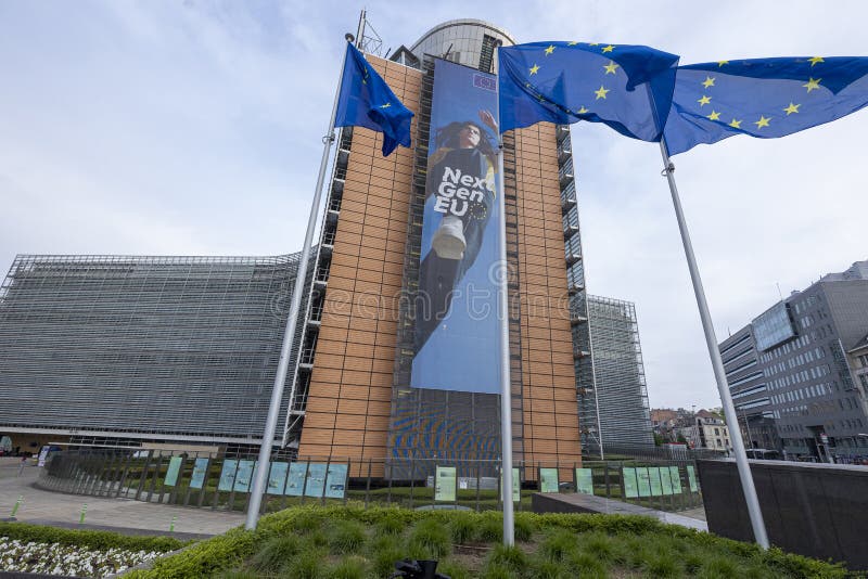 European Flags Blowing in Front of the European Commission Editorial ...