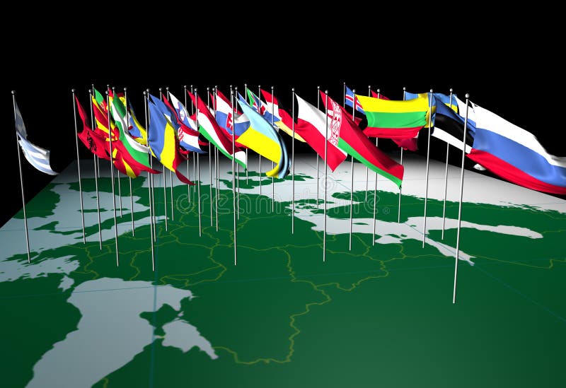 European Flags on Map (East View) Stock Illustration - Illustration of ...