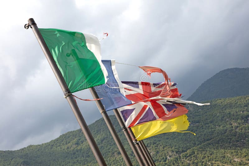 European Flags Ripped by the Wind Stock Photo - Image of gold, national ...