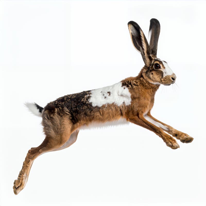 European Hare Leaping Gracefully through Air with Mottled Coat on White ...