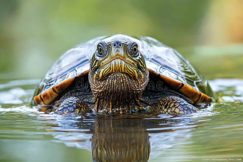 European Pond Turtle Swimming in Green Water with Reflection Stock ...