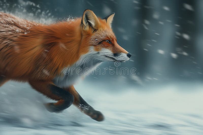 European Red Fox (Vulpes Vulpes) Running through Deep Snow and Cloud ...