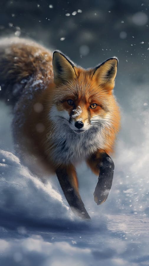 European Red Fox (Vulpes Vulpes) Running through Deep Snow and Cloud ...