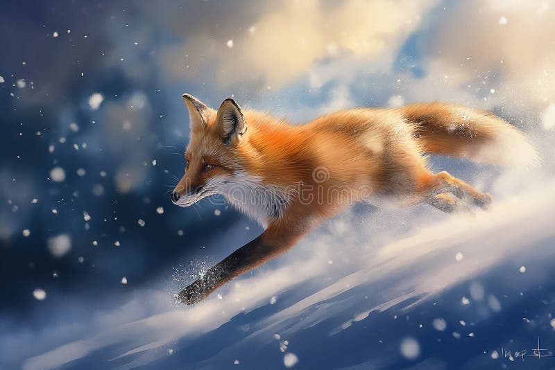 European Red Fox (Vulpes Vulpes) Running through Deep Snow and Cloud ...